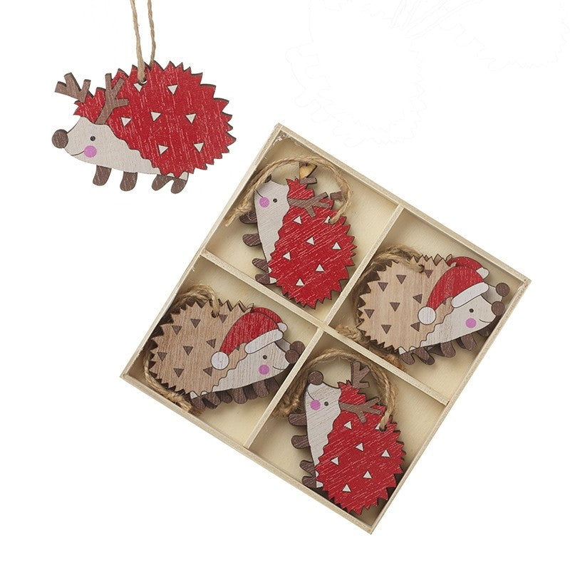 Set of 8 Wooden Festive Hedgehog Christmas Tree Decorations ...