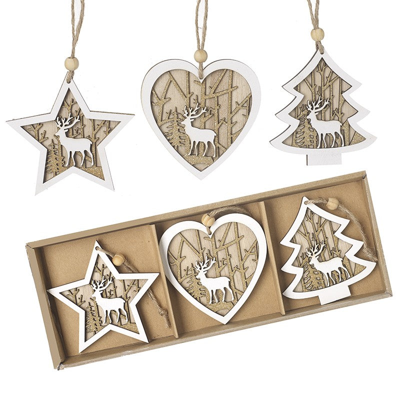 Set of 6 White Wooden Christmas Tree Decorations – Cirencester ...